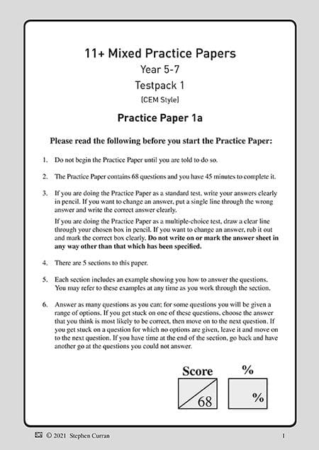 11+ Mixed Year 5-7 CEM Style Testpack 1 Papers 1-2 | AE Publications